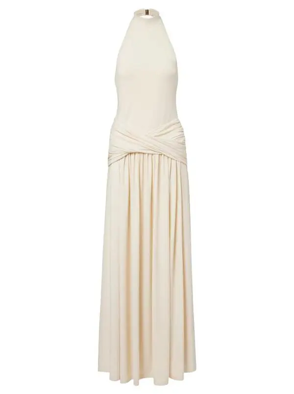 BANANHOT Zoya Draped Halterneck Maxi Dress - Beige