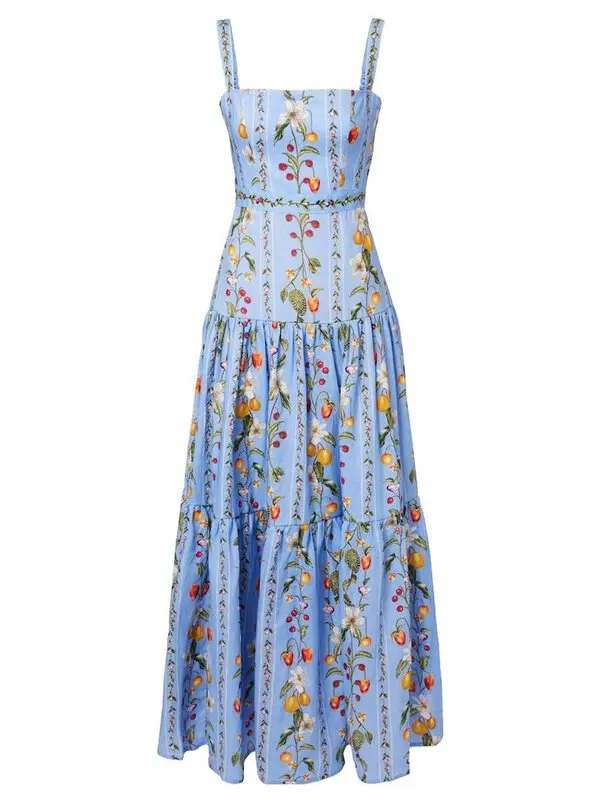 Agua Bendita Lima" Printed Linen Maxi Dress - Blue