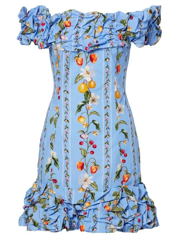 Agua Bendita Jardin Printed Off-shoulder Cotton Minidress - Blue