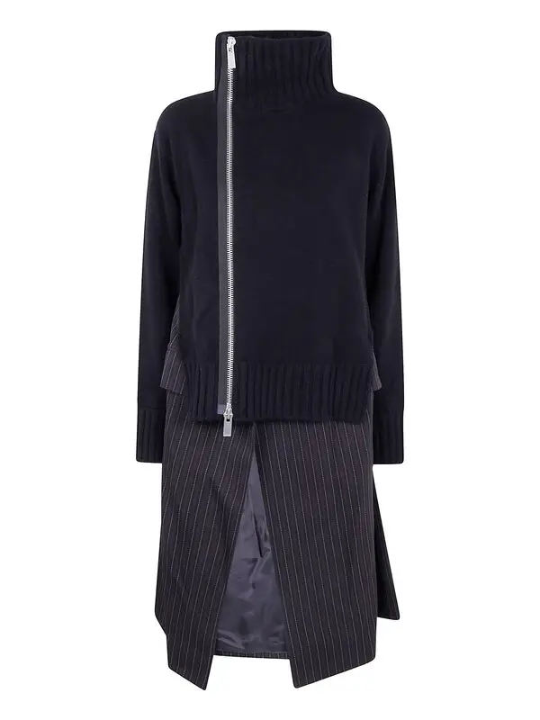 Sacai Stripe Doeskin X Wool Knit Coat Dress - Black