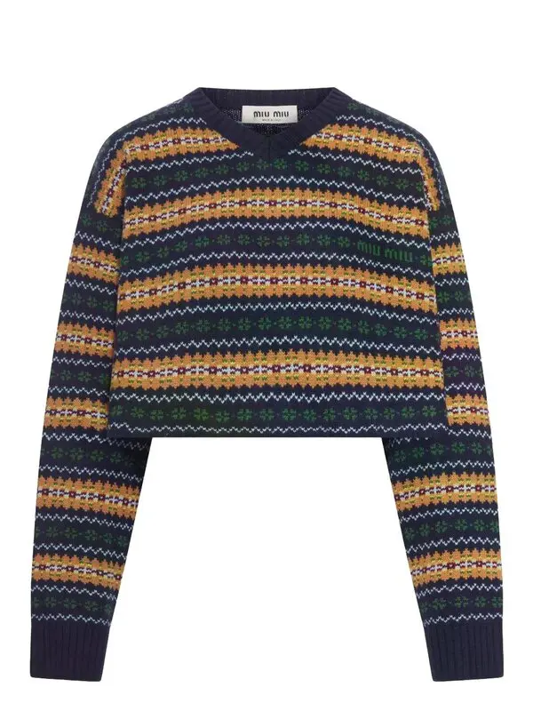 Miu Miu Jacquard Wool V-neck Sweater - Blue