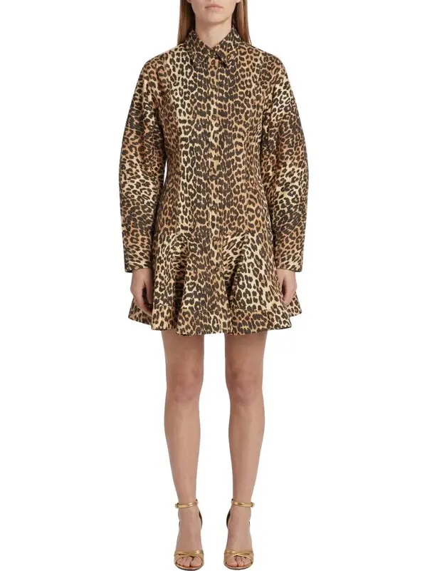 GANNI Leopard Print Shirt Dress - Brown