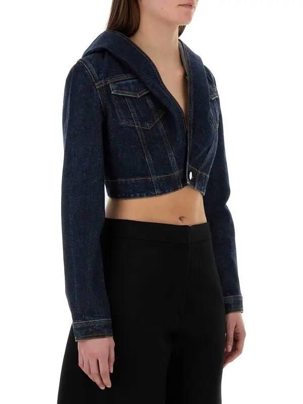 Alaïa Cropped Denim Jacket With Hooded Collar - Blue