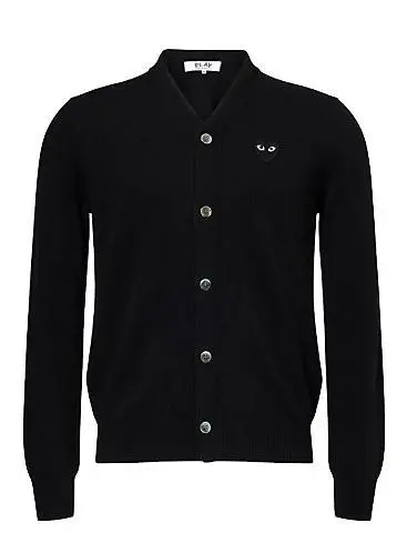 Play Comme Des Garcon Wool Knit Cardigan With Heart Appliqu - Black