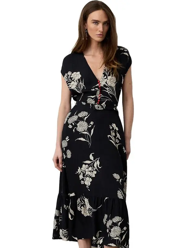 Ralph Lauren Damian Floral Satin Day Dress - Black/cream