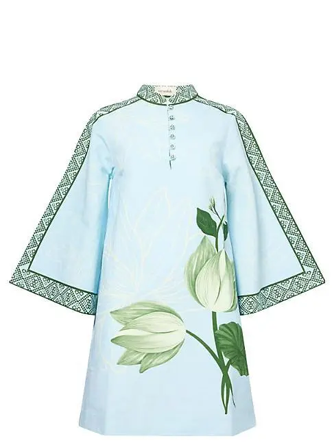 Verandah Cotton-hemp Kaftan Mini Dress - Ice Blu Emrld Lotus Toda