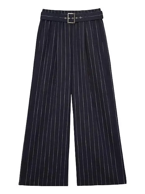REISS Pinstriped Wide-leg Stretch-woven Trousers - Navy