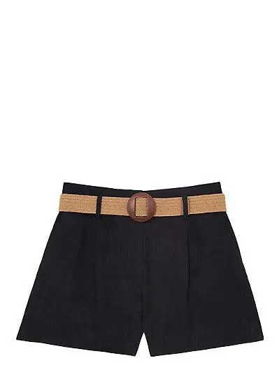 REISS Belted Linen-blend High-rise Shorts - Navy