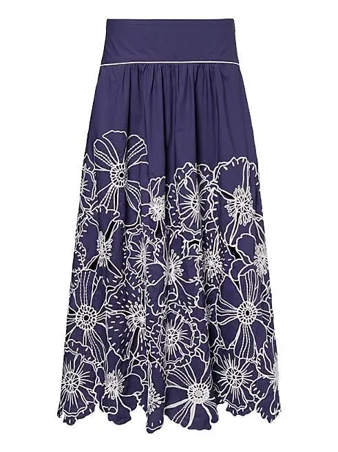 Farm Rio Richelieu Embroidered Cotton Maxi Skirt - Blue