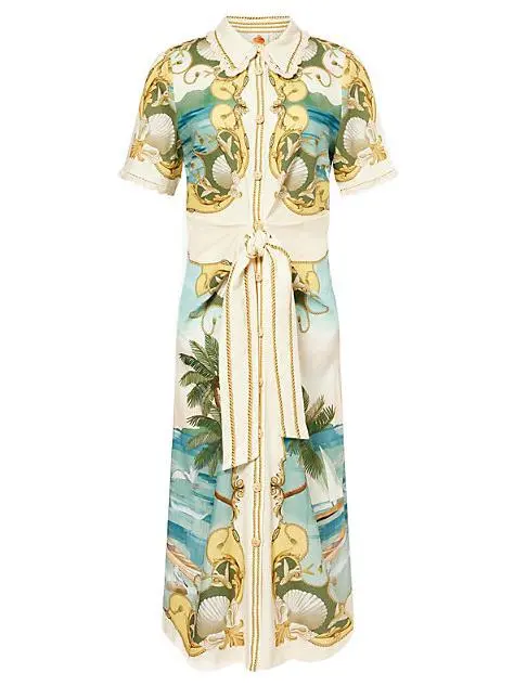 Farm Rio Royal Sea Linen-blend Midi Dress - Royal Sea Multicolor