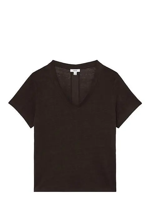 REISS Lola V-neck Linen T-shirt - Chocolate Brown