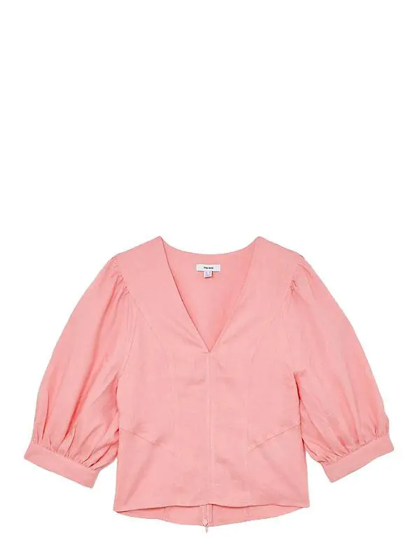 REISS Evie Balloon-sleeve Linen Top - Coral Pink