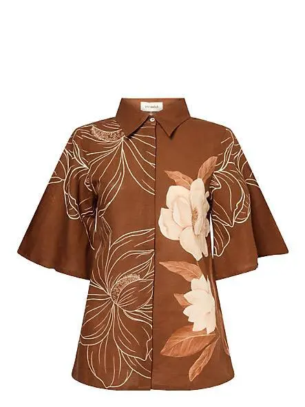 Verandah Floral-print Bell-sleeve Cotton And Linen-blend Shirt - Brown Linear Magnolia Pa