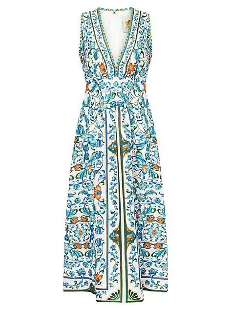 Farm Rio Flora Tile Linen Maxi Dress - Flora Tile Off-white