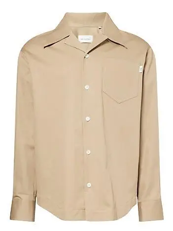 Ami Logo-patch Long-sleeve Camp Collar Wide Cotton Shirt - Beige Taupe