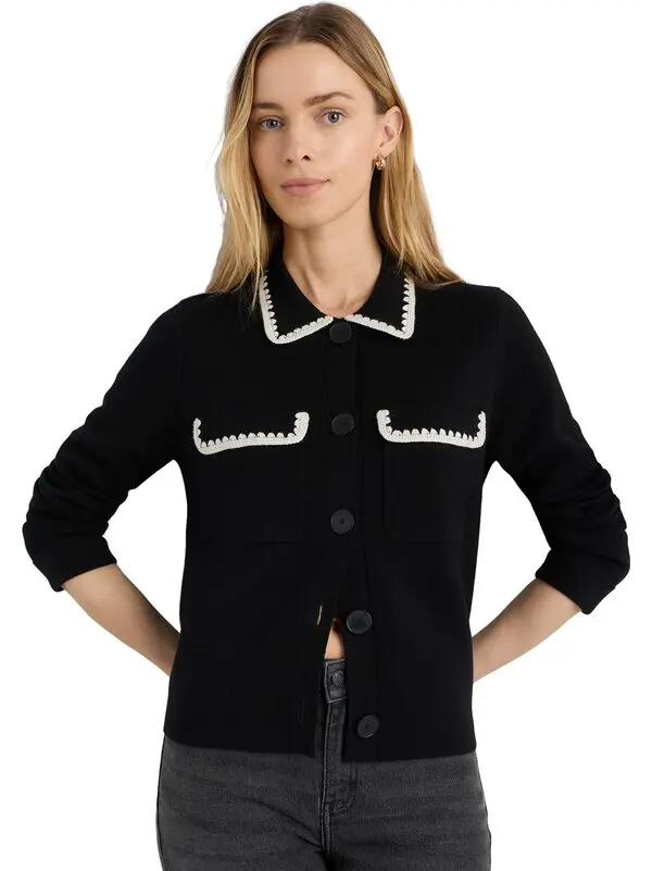 Quince Australian Merino Wool Crochet Trim Sweater Jacket - Black