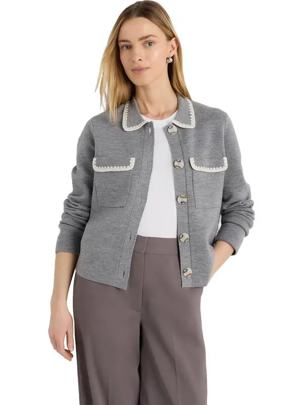 Quince Australian Merino Wool Crochet Trim Sweater Jacket - Heather Grey