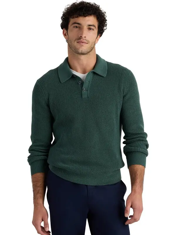 Quince Ribbed Polo Sweater - Big Sur Green