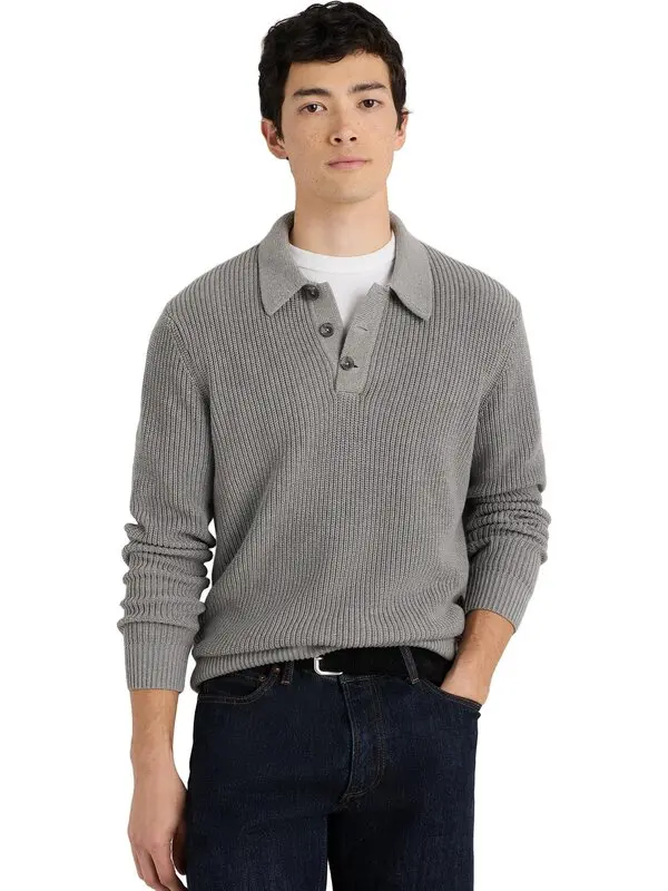 Quince Ribbed Polo Sweater - Mid Heather Grey