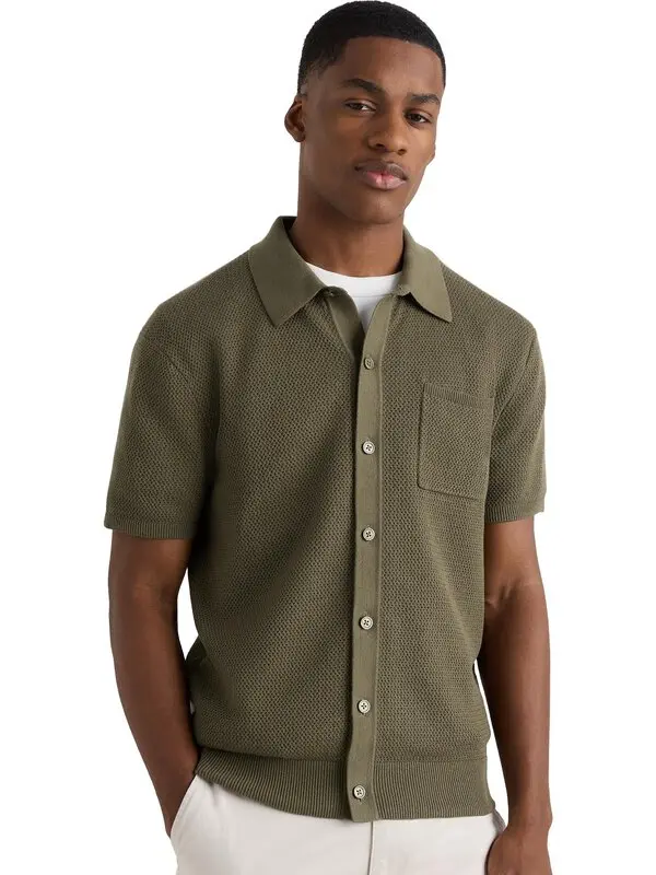 Quince Mesh-stitch Button-up Sweater Polo - Bayberry Olive