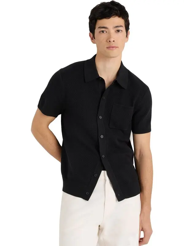 Quince Mesh-stitch Button-up Sweater Polo - Black