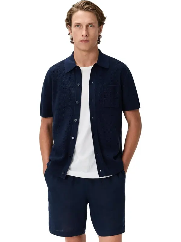 Quince Mesh-stitch Button-up Sweater Polo - Navy