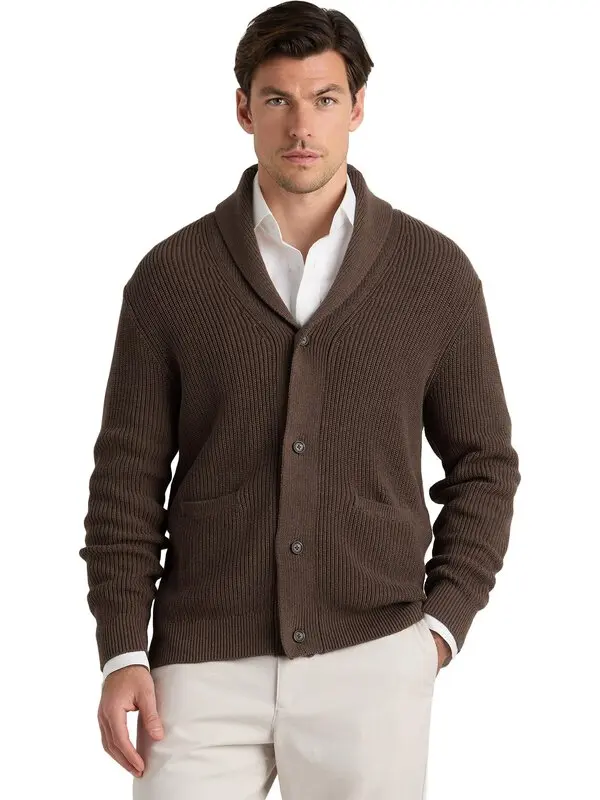 Quince Ribbed Shawl-collar Cardigan Sweater - Heather Brown