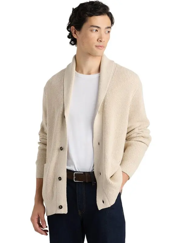Quince Ribbed Shawl-collar Cardigan Sweater - Speckled Beige