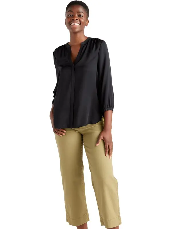 Quince 100% Washable Silk Stretch Pleat Back Blouse - Black