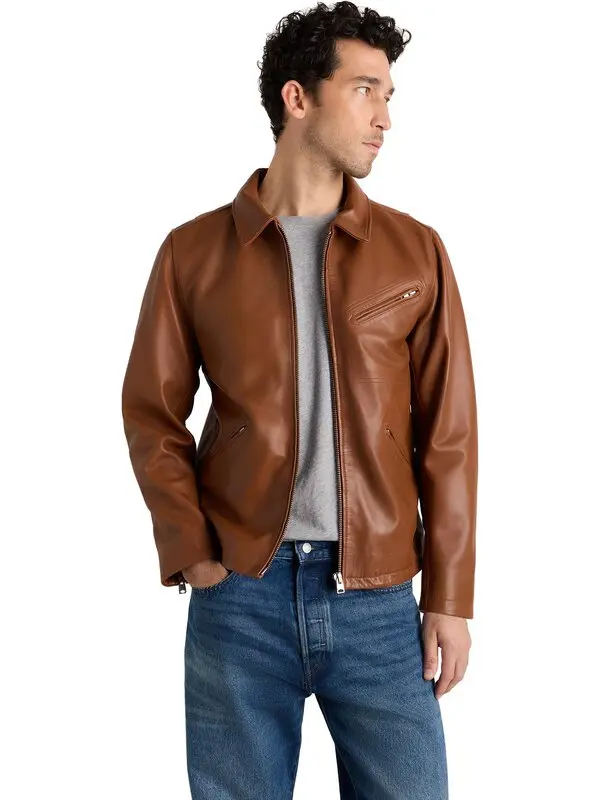 Quince Washed Leather Moto Jacket - Dark Cognac Brown