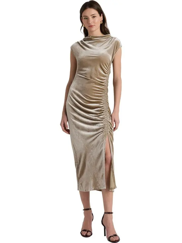 Quince Stretch Silk Velvet Ruched Midi Dress - Dogwood