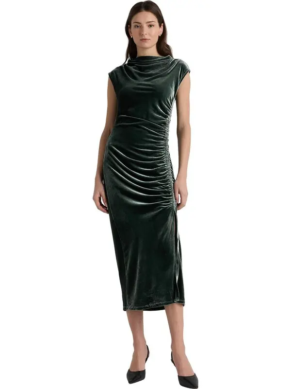 Quince Stretch Silk Velvet Ruched Midi Dress - Forest Green