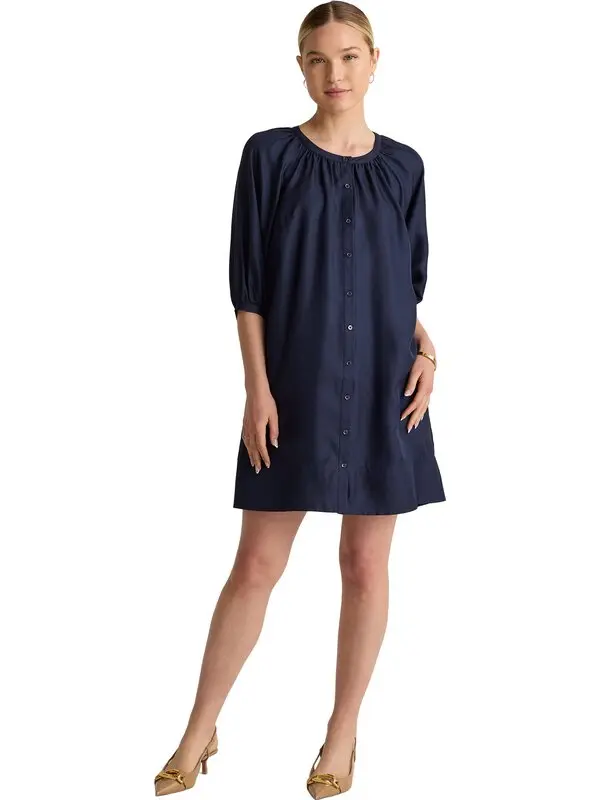 Quince 100% Silk Twill Button Front Mini Dress - Deep Navy
