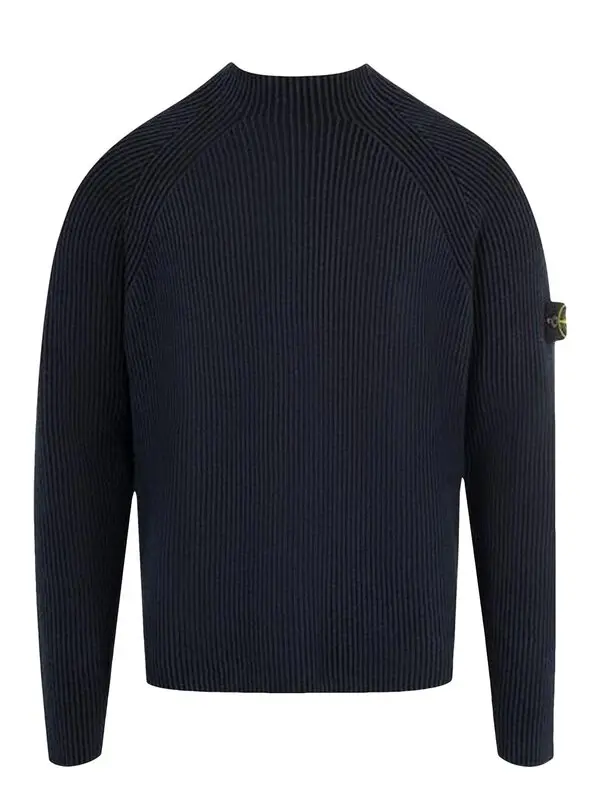 Stone Island Mock Neck Sweater With Rib Texture - Blue