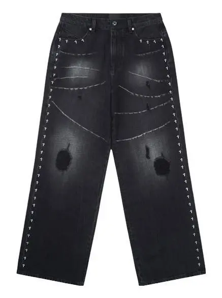 RtA Franco Wide Leg Studded Jeans - Smokestack Side Cross