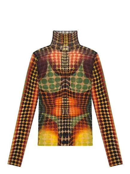 JEAN PAUL GAULTIER High Neck Long Sleeve Top - Orange Blue Brown
