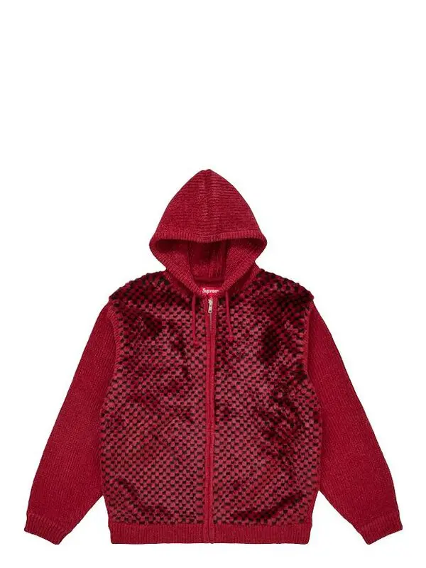 Supreme Checkerboard Faux Fur Zip-up Hooded Sweater - Red