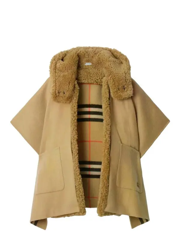 Burberry Reversible Shearling Trim Check Cashmere Cape - Neutrals
