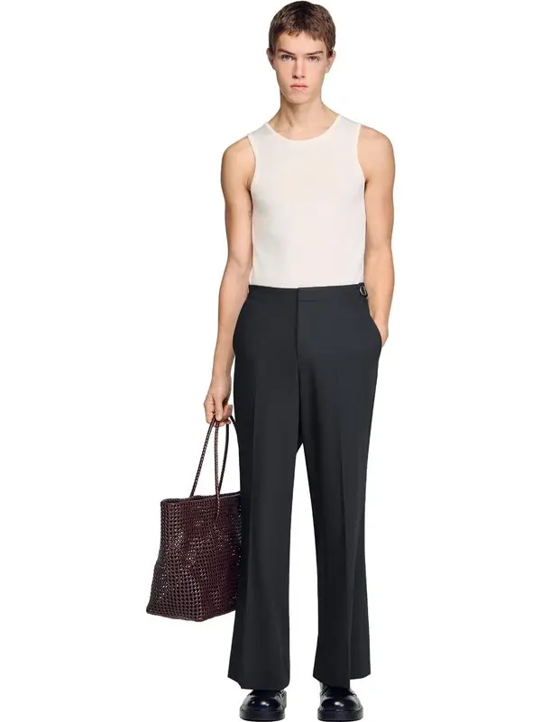 Sandro Wide-leg Wool Trousers With Buckles - Dark Grey