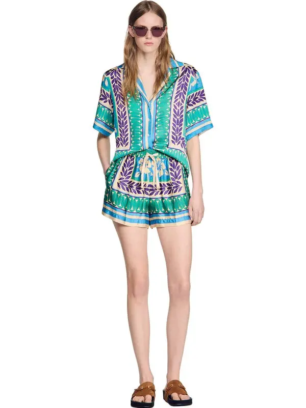 Sandro Floral Print Wide-leg Shorts - Green / Purple
