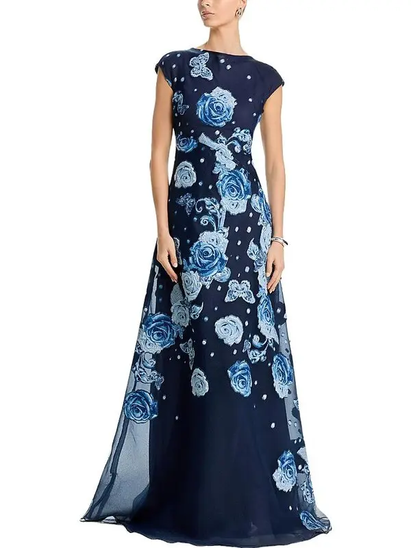 Rickie Freeman For Teri Jon Organza Jacquard Diagonal Seam Gown - Navy Multi