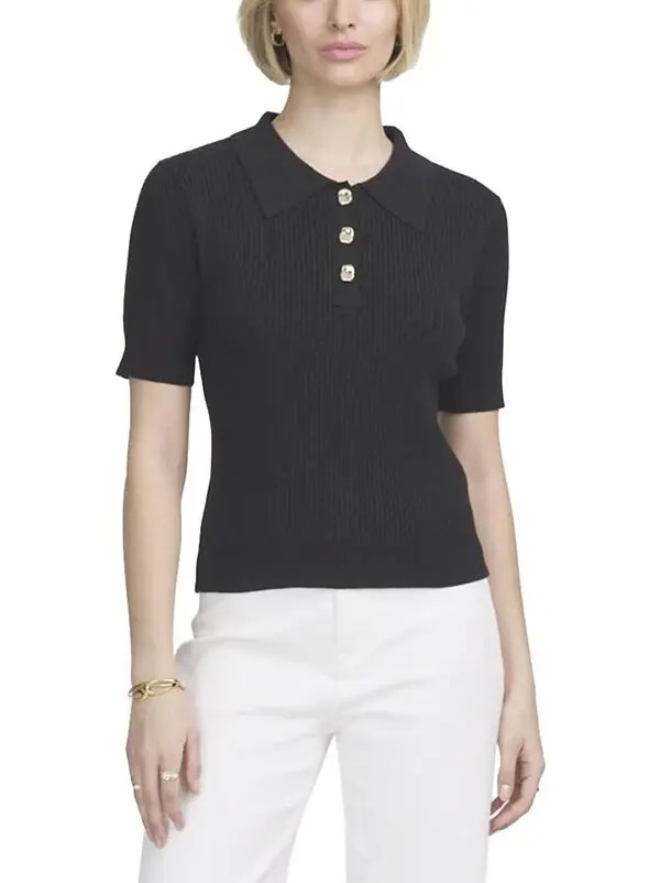 ELLE COLLECTION Fine Gauge Ribbed Henley - Black