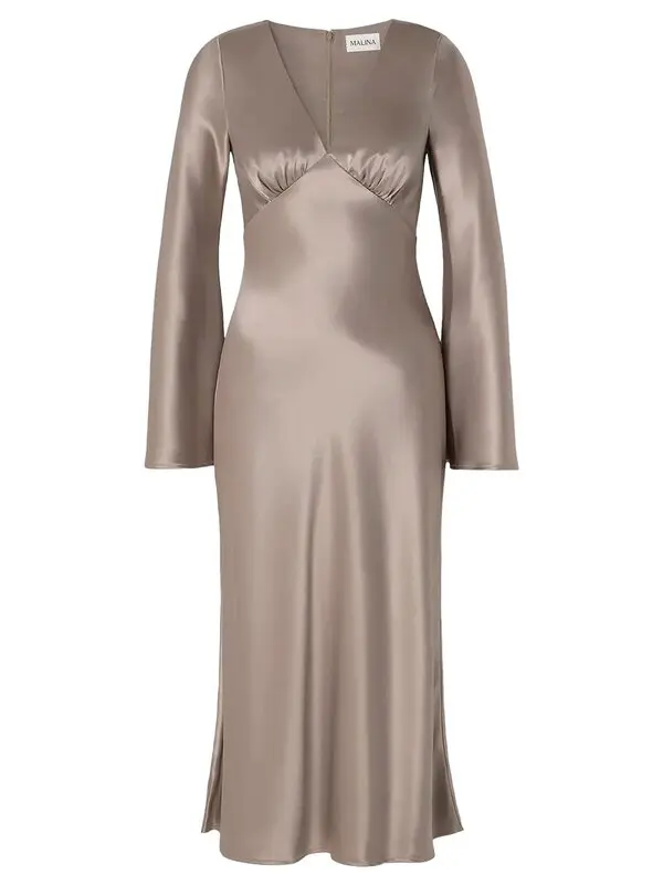 MALINA Carolina Flared Sleeve Satin Midi Dress - Granit