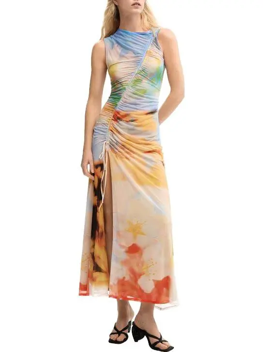 Desigual Abstract Print Ruched Midi Dress - Yellow Multi