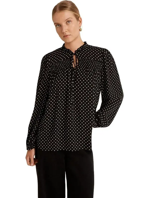 FINERY LONDON Kiya Polka Dot Tie Neck Blouse - Black Spot