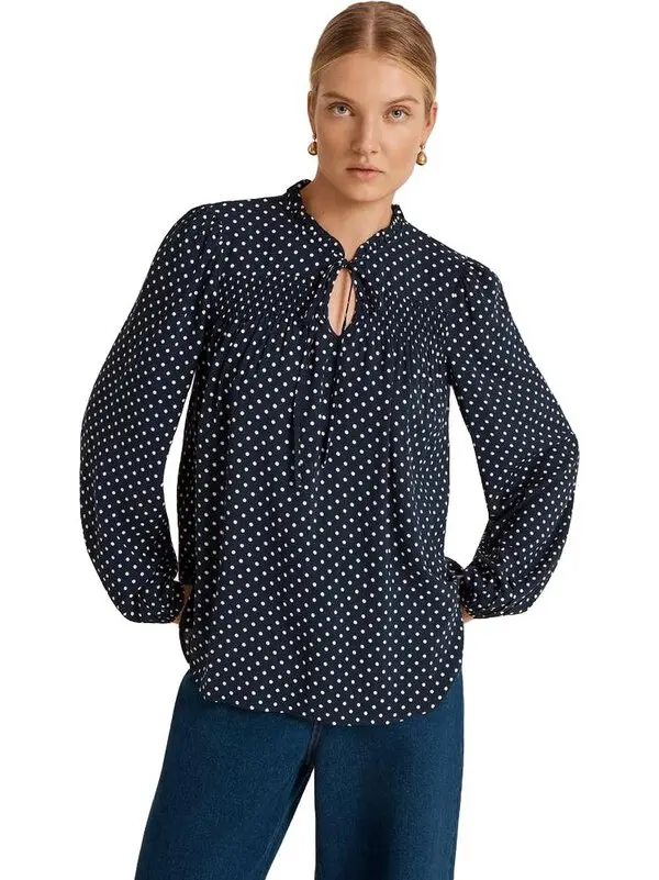 FINERY LONDON Kiya Polka Dot Tie Neck Blouse - Navy Spot