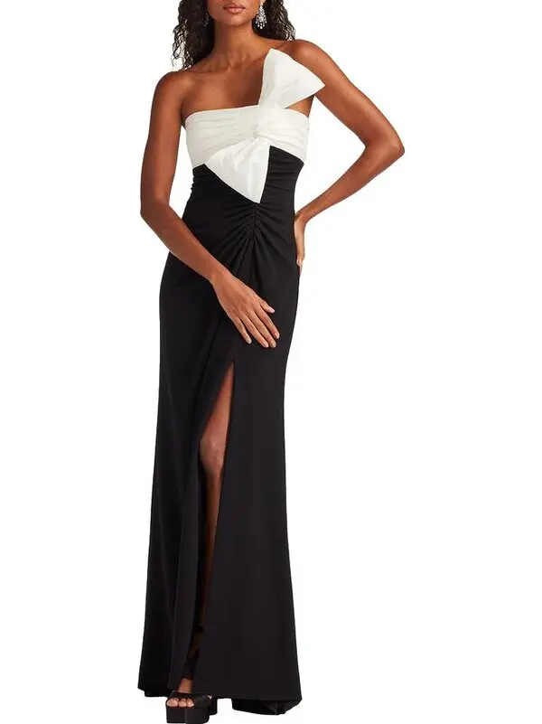 Tadashi Shoji Taffeta Bow One-shoulder Gown - Black/white