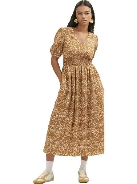 FINERY LONDON Kiara Printed V-neck Midi Dress - Brown Batik