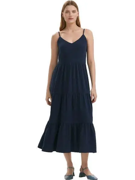 FINERY LONDON Emmie Cotton Strappy Midi Tiered Dress - Navy