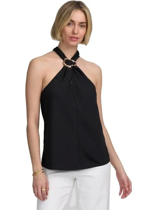 ELLE COLLECTION Woven Halter Hardware Top - Black